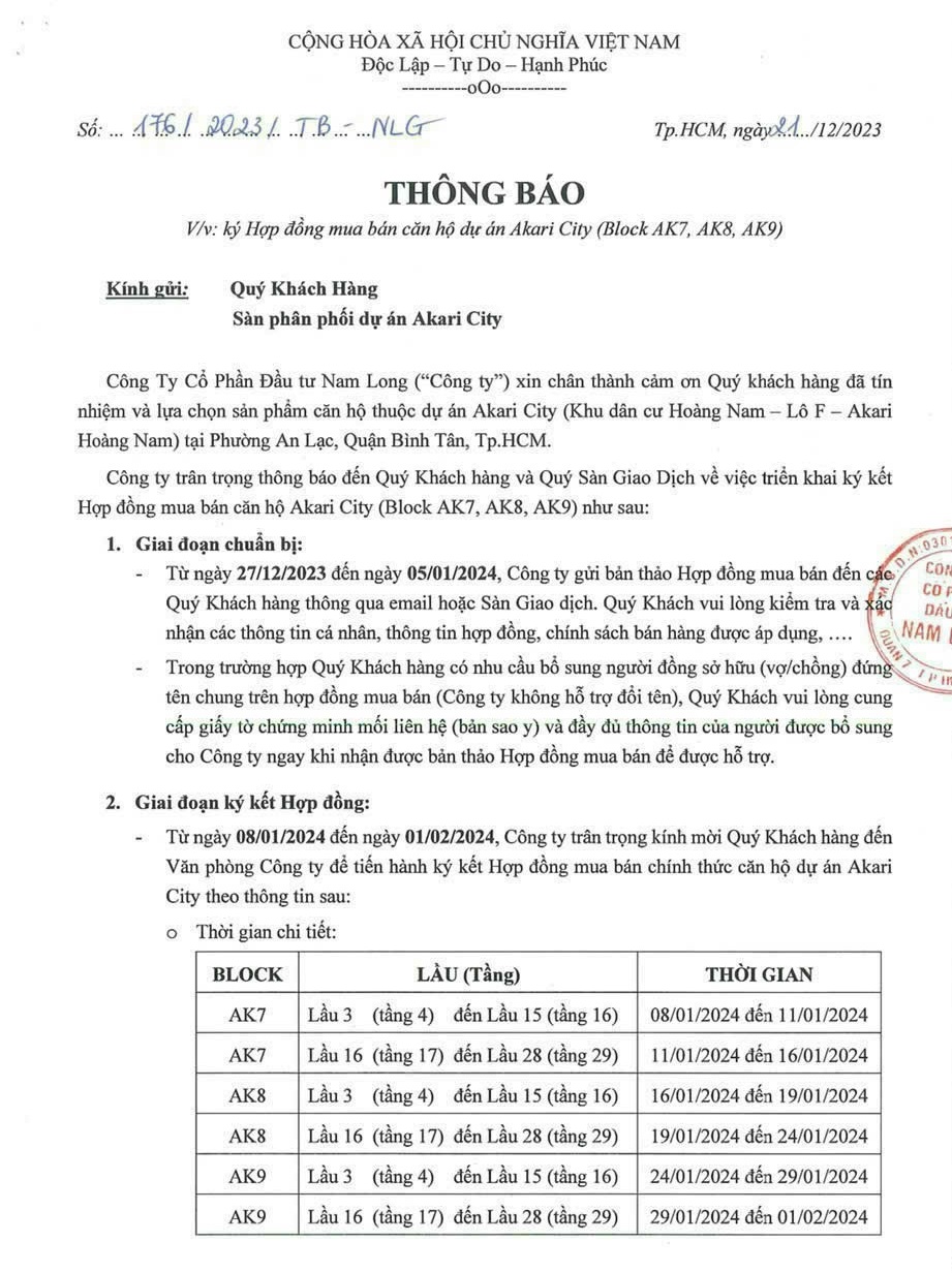 Thông báo ký Hợp đồng mua bán Akari City phase 2